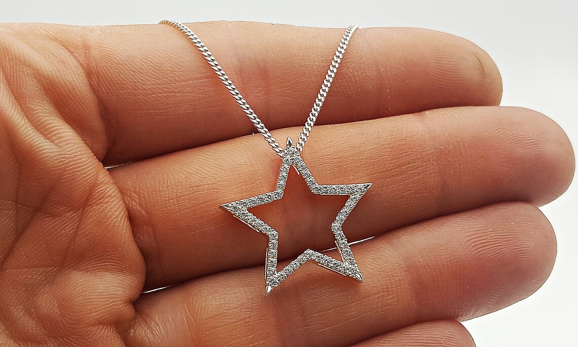 Diamond Star Necklace, 14k Gold Star Necklace, Solid Gold Star Pendant ...