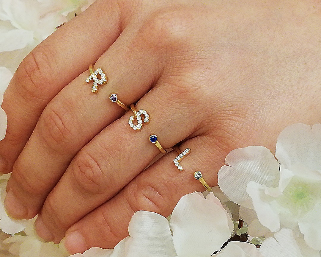 Birthstone Initial Ring With Diamonds, Letter Open Front Alphabet Ring ...