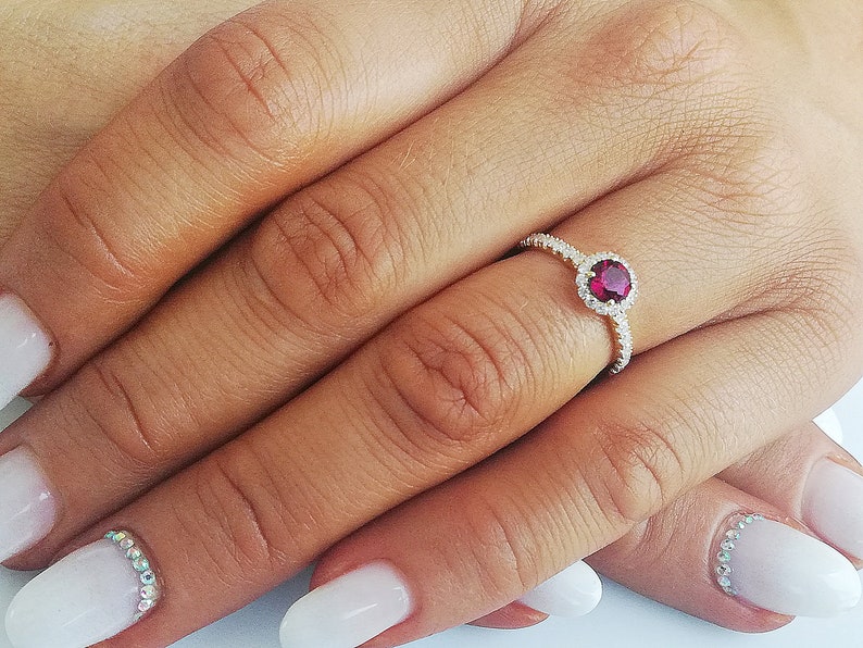 Ruby Diamond Halo Ring, Solid Gold Ruby Engagement Ring - Etsy