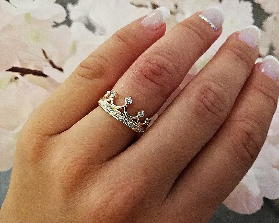 Diamond Crown Ring, 14k Solid Gold Princess Tiara Diamond Ring - Etsy