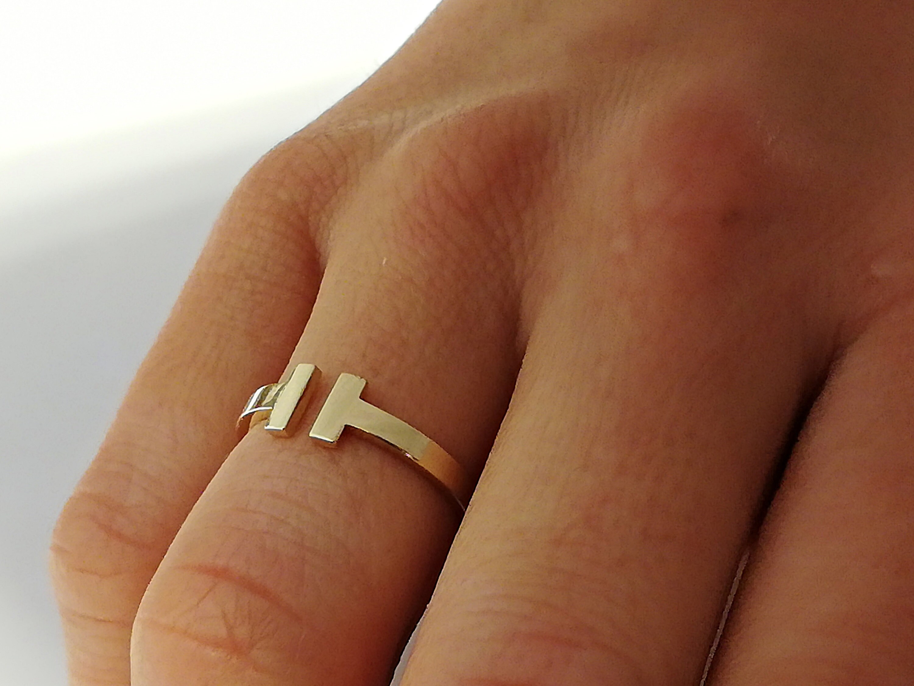 14k Double Bar Ring Solid Gold Open Front T Ring - Etsy