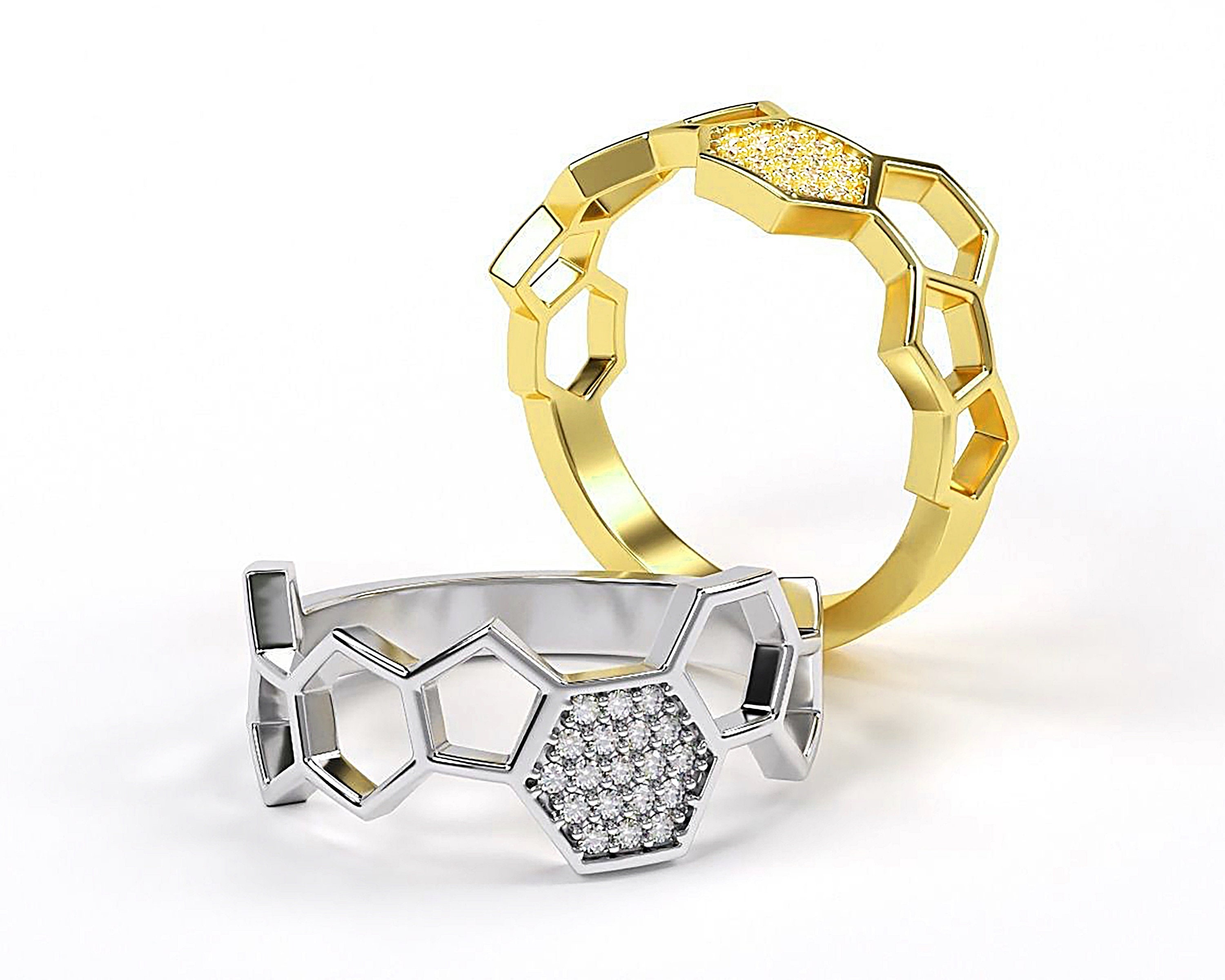 14k Geometric Diamond Ring / Hexagon Honeycomb Ring Set in 14k 18k ...