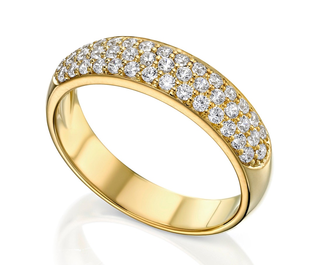 3 Row Diamond Wedding Ring Micropave Gold Eternity Diamond - Etsy