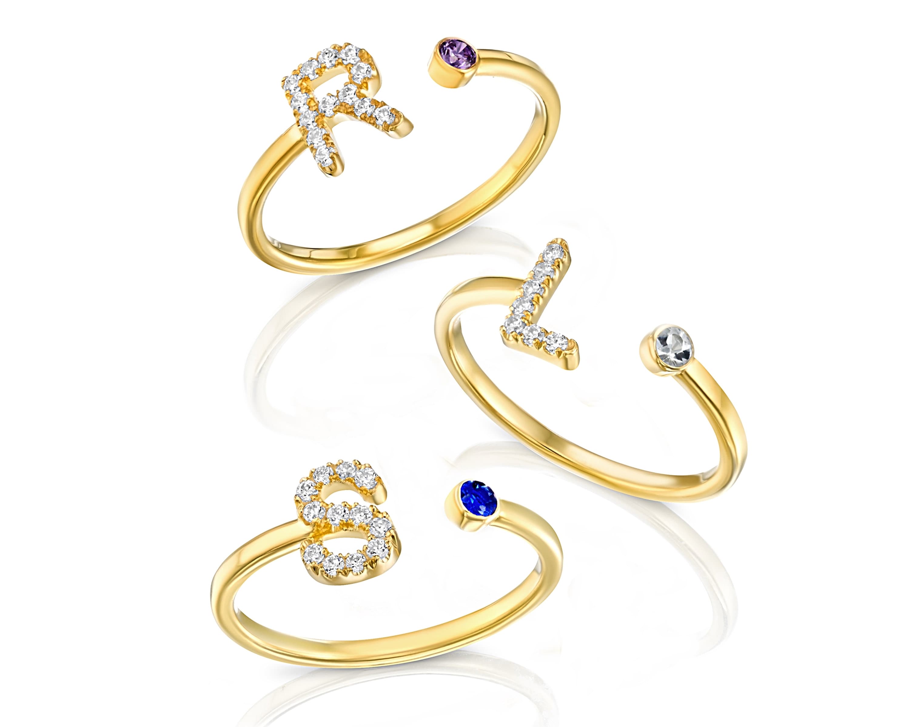 Birthstone Initial Ring With Diamonds, Letter Open Front Alphabet Ring ...