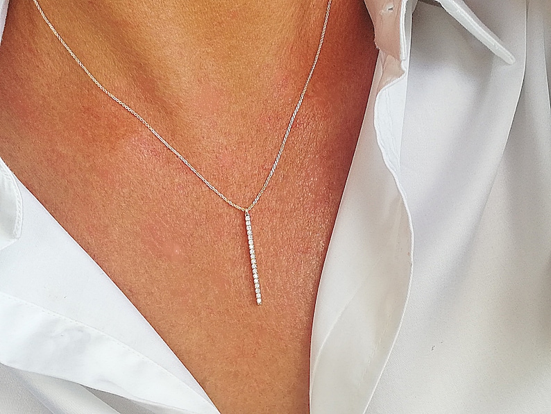 Diamond Bar Necklace, Solid Gold Vertical Diamond Bar Pendant Set With ...