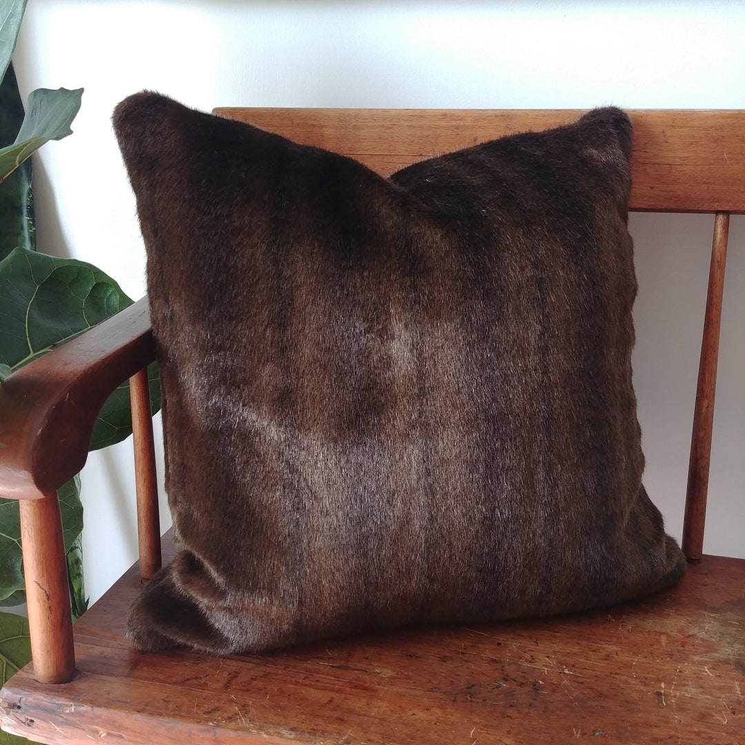 Brown Faux Fur Pillow Cover, Striped Dark Brown Glossy Fake Fur Cushion ...