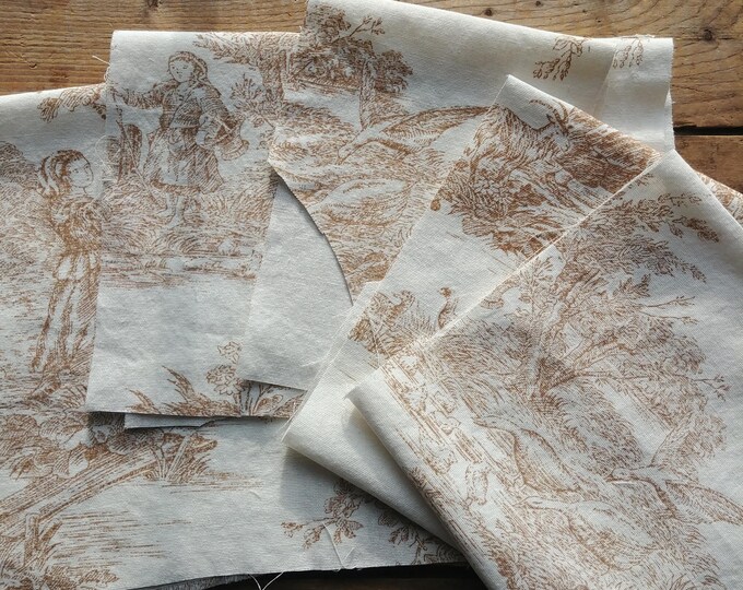 Brown and White Toile Fabric Scraps, Italian Made Cotton Pieces With ...