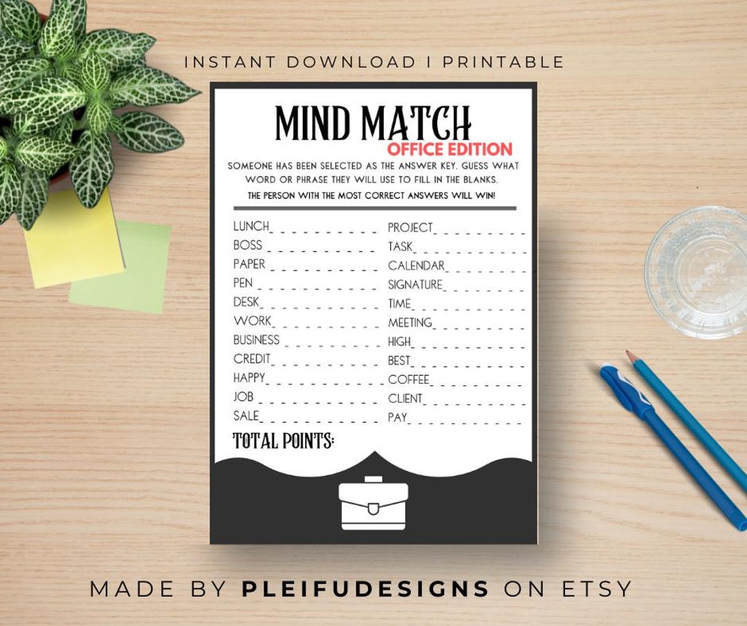 Mind Match Game - Office Themed Printable Word Completion Game for ...