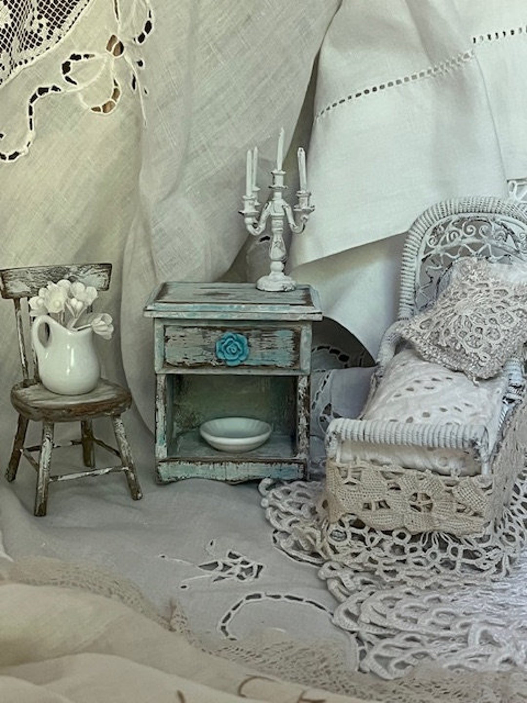 Vintage Wood Miniature End Table. Shabby Dollhouse Side Table. Artisian ...