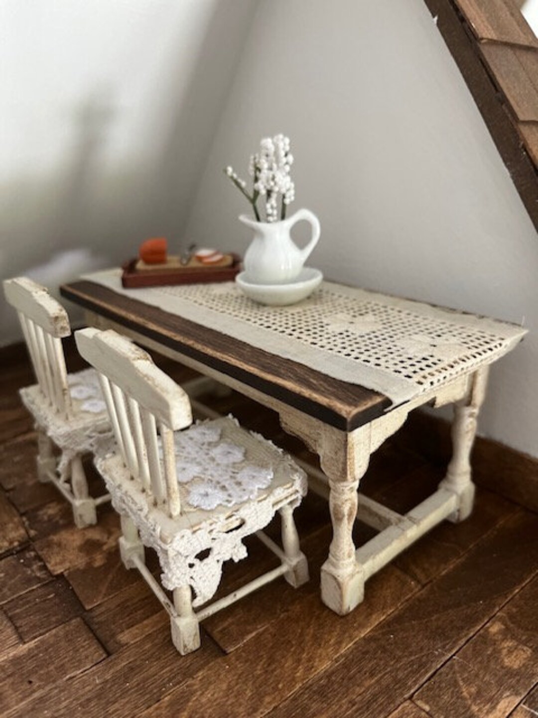 Miniature Dollhouse Table and Chairs. Antique Lace Runner. Farmhouse ...