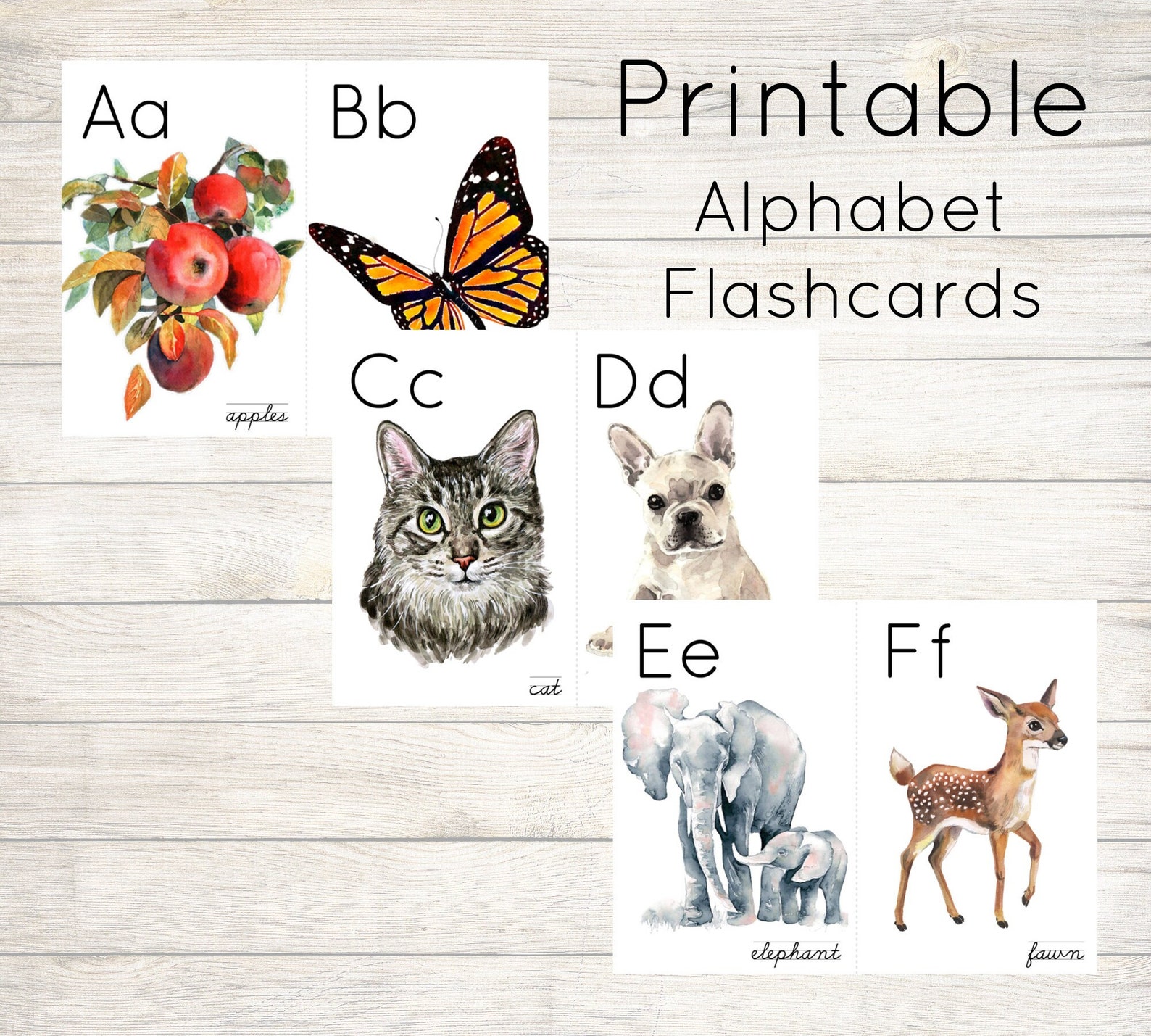 Early Learning Printable Alphabet Flashcards Watercolor Art Nature ...