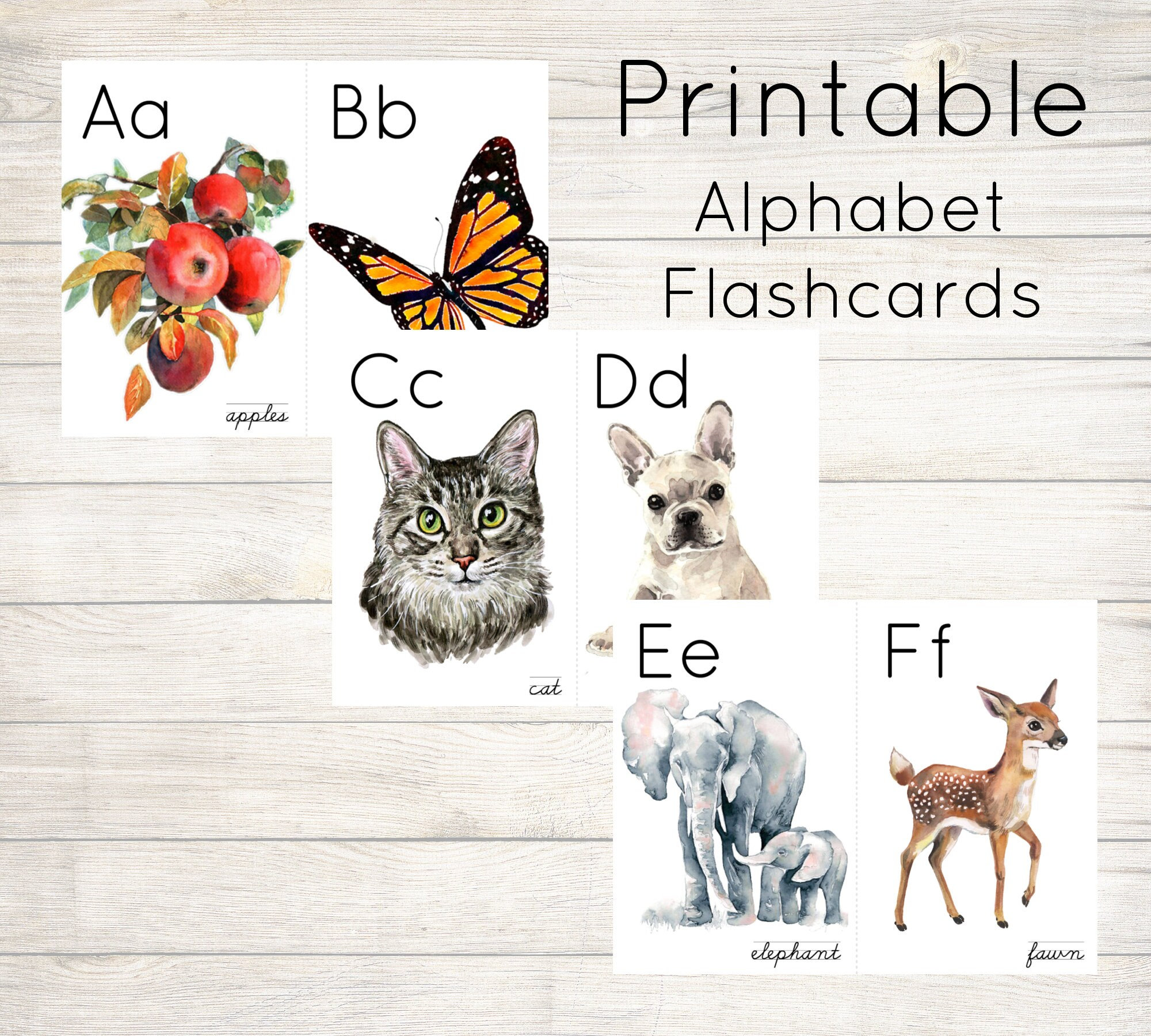 Early Learning Printable Alphabet Flashcards Watercolor Art Nature ...