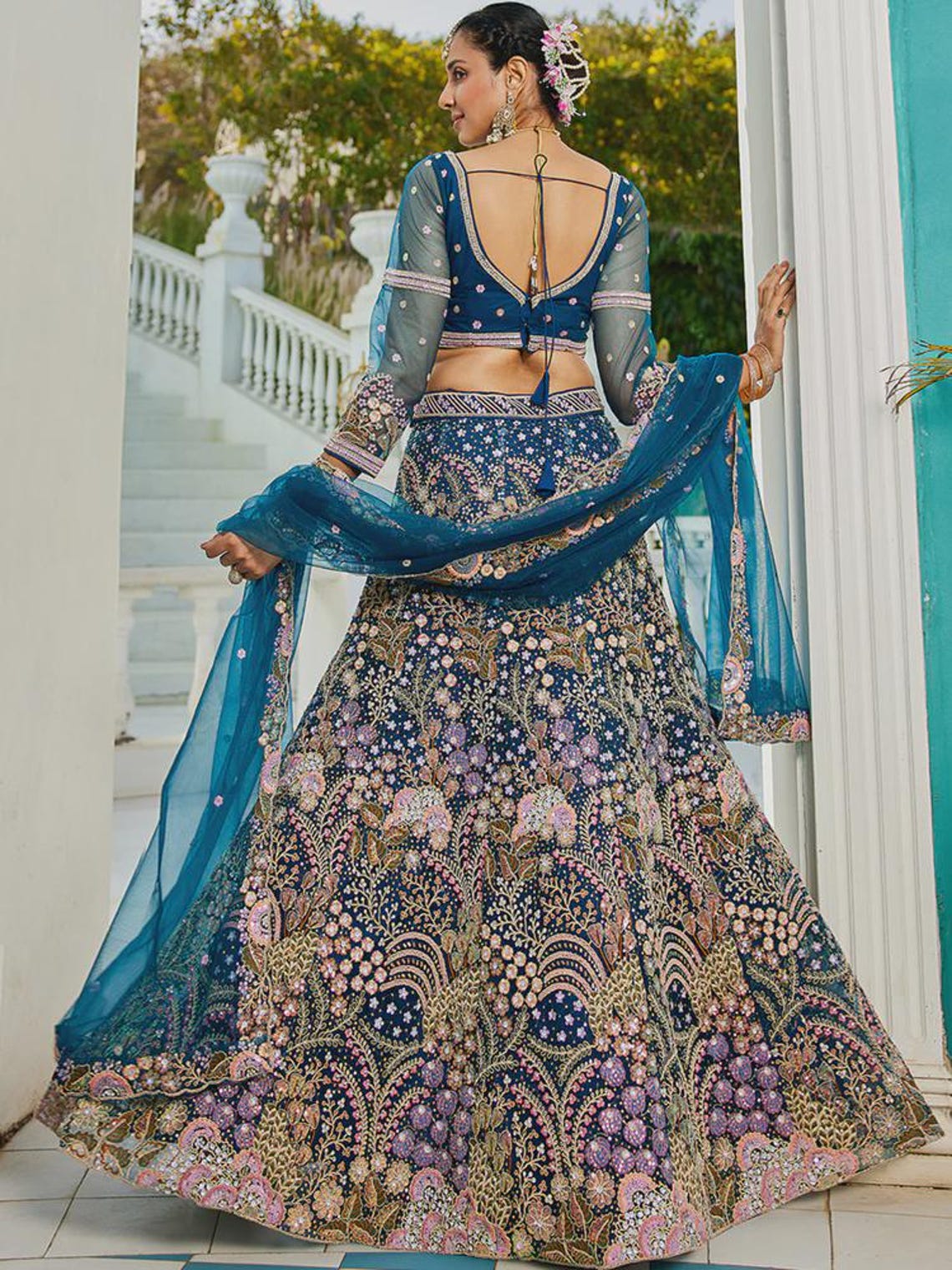 Navy Blue Multi-color Sequin Net Lehenga Choli Set Mirror Zarkan and ...