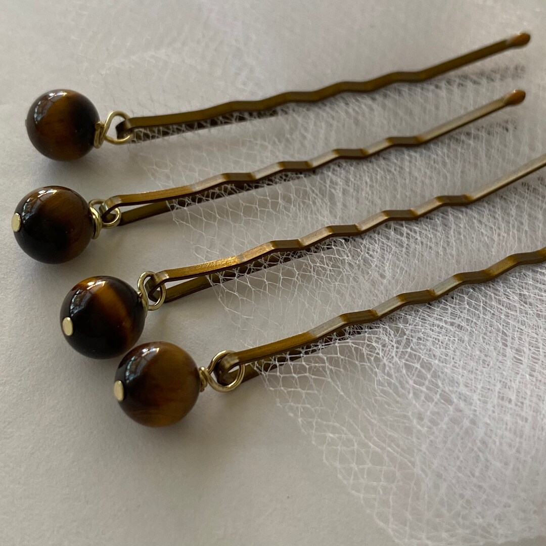 8 Tiger Eye Bead Bobby Hair Pin ,tiger Eye Bead, Bridal Bobby Pins ...
