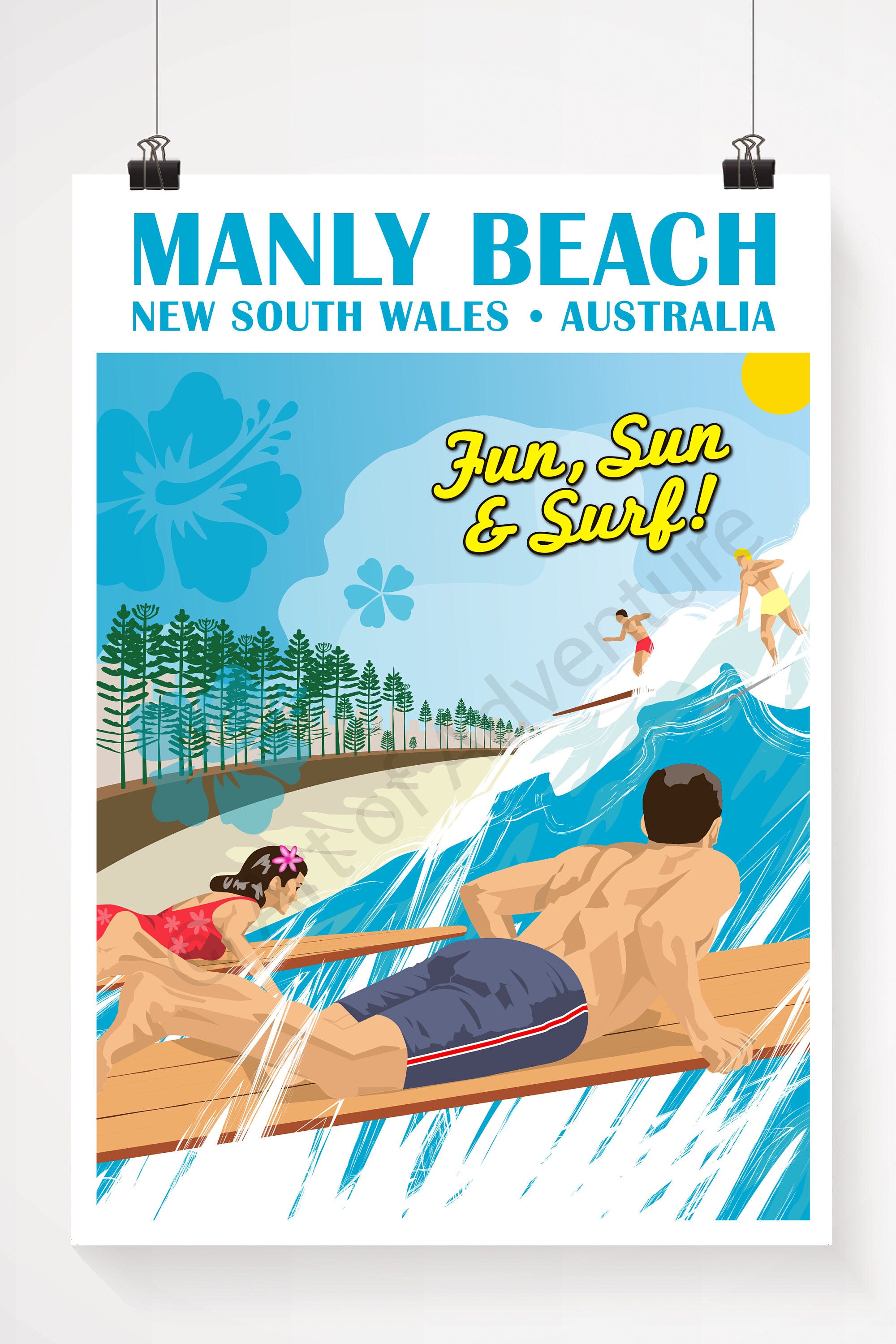 Manly Beach, Australia Poster, Retro Surf Design: Art Print (A3) - Etsy