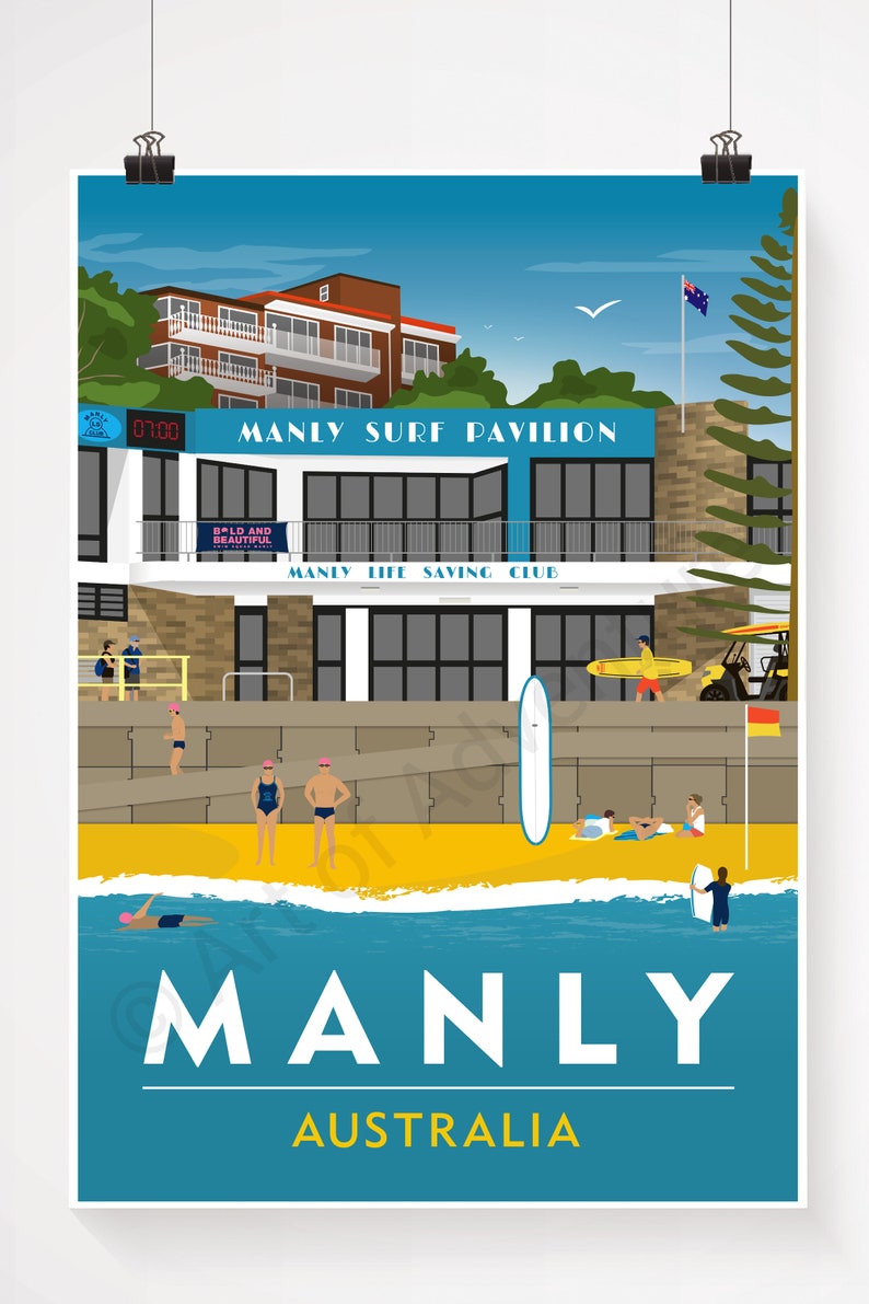 Manly Beach, Australia Travel Poster, Manly Pavilion Design: Art Print ...