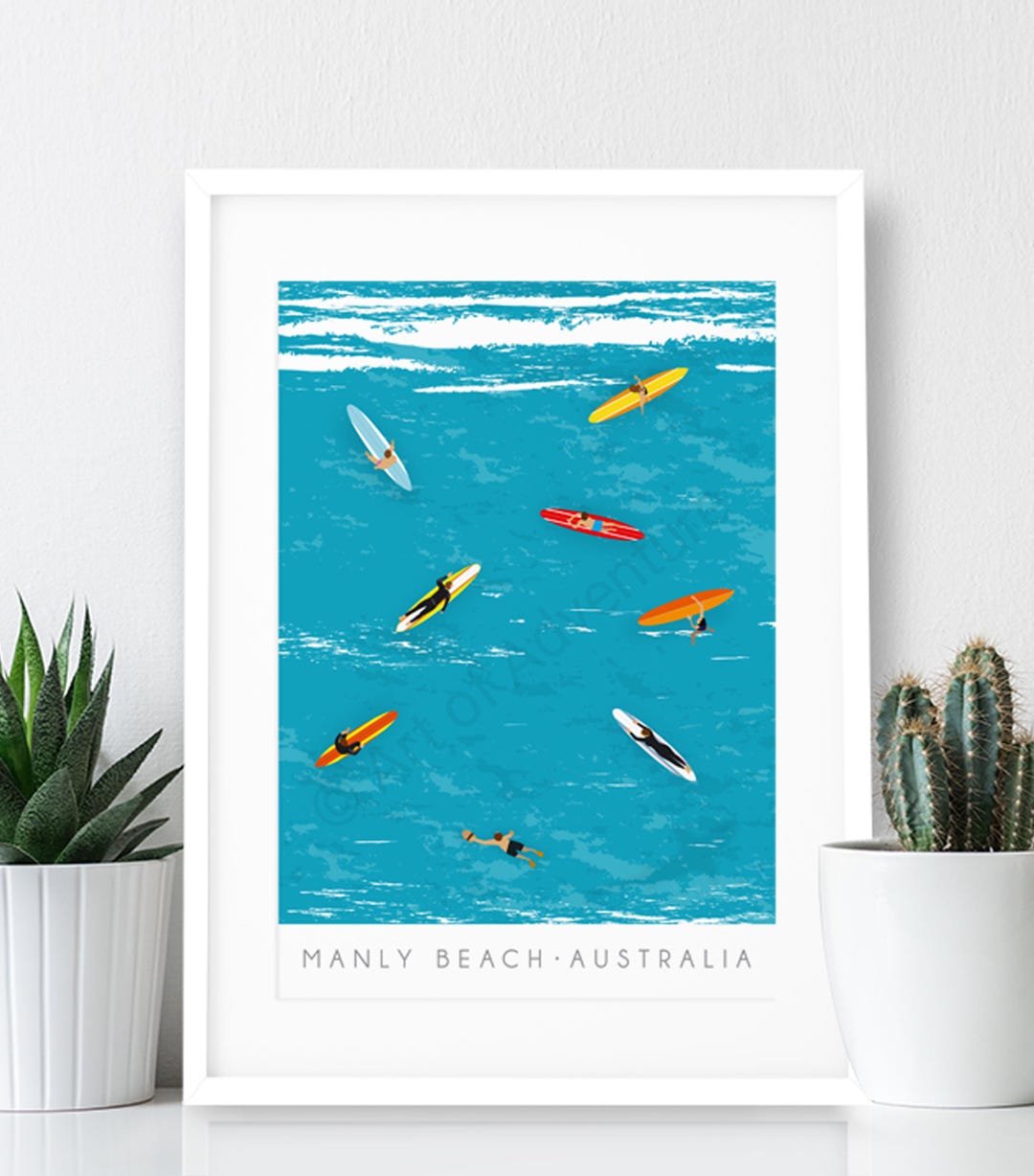 Manly Beach, Australia Poster, Aerial Surfers Illustration: Art Print ...