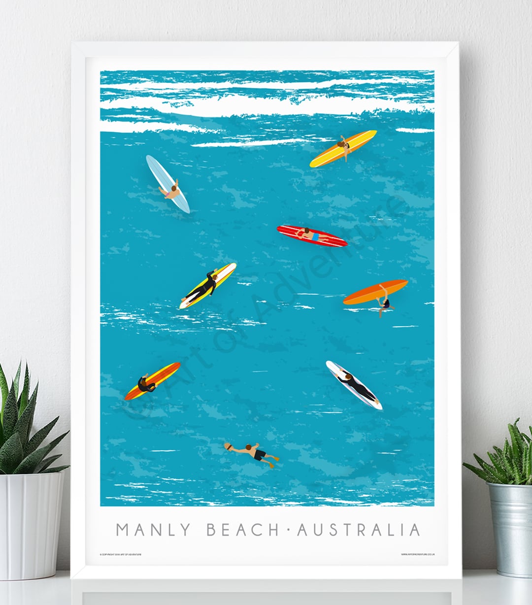 Manly Beach, Australia Poster, Aerial Surfers Illustration: Art Print ...