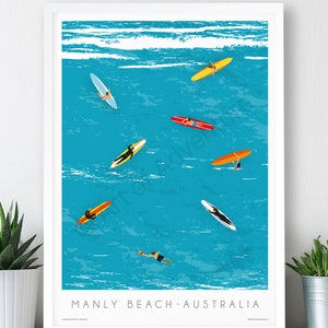 Manly Beach, Australia Poster, Aerial Surfers Illustration: Art Print ...