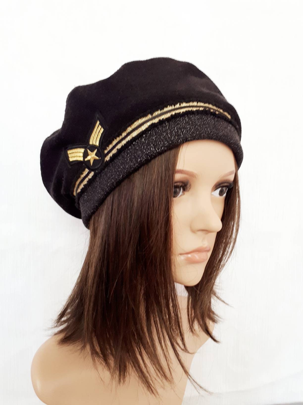 Boina negra de estilo militar, boina de diseñador, boina francesa ...