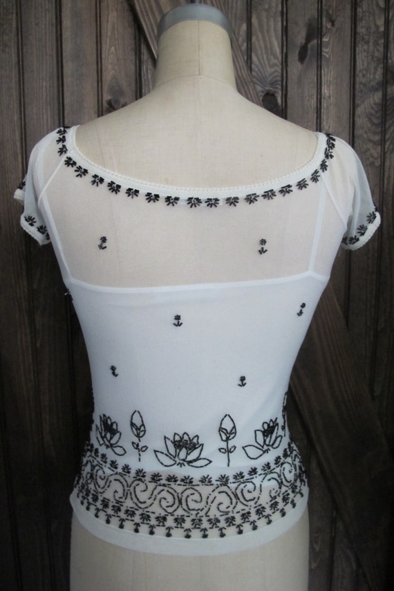 Vivienne Tam Sheer White Mesh Top with Intricate Blac… - Gem