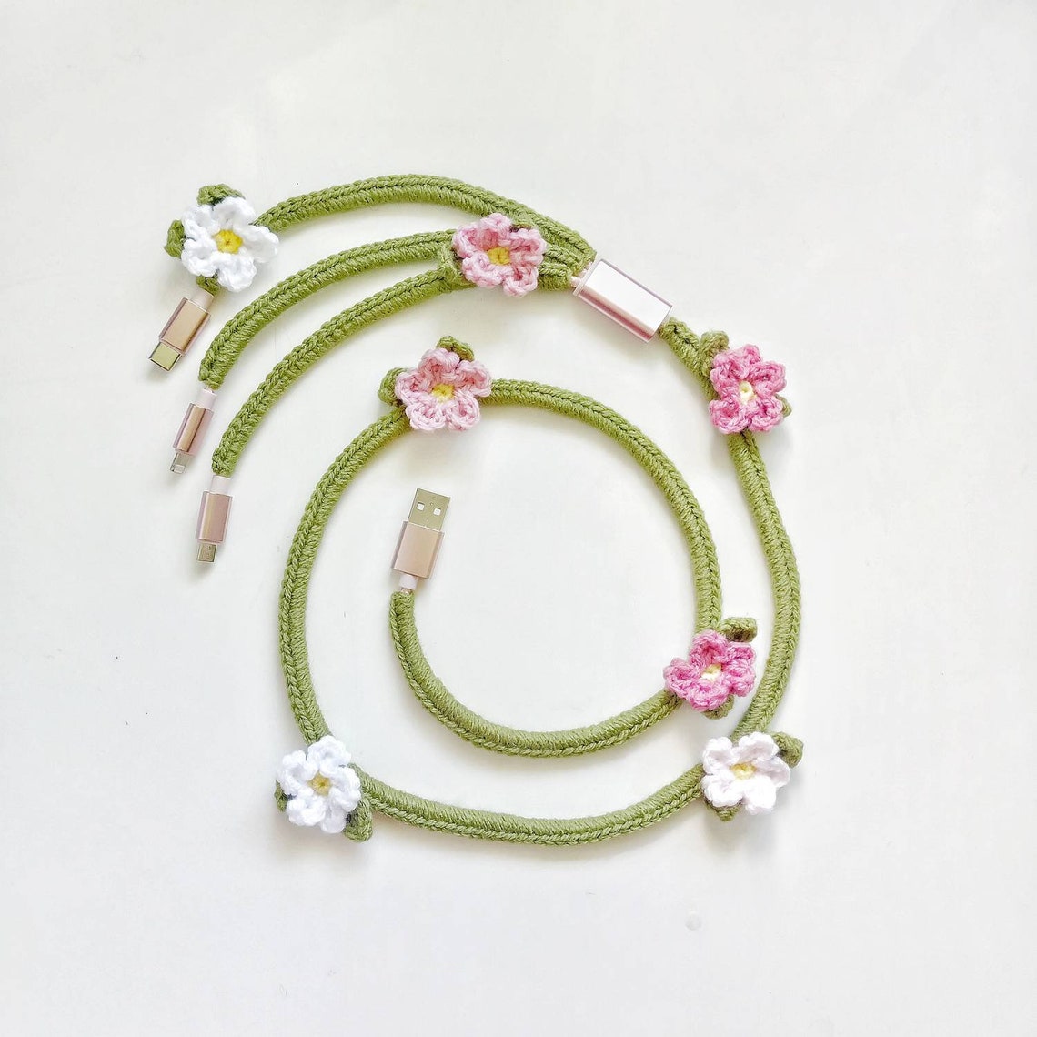 Pink Crochet Flower Vine Charger Cable 1m Triple End Iphone - Etsy