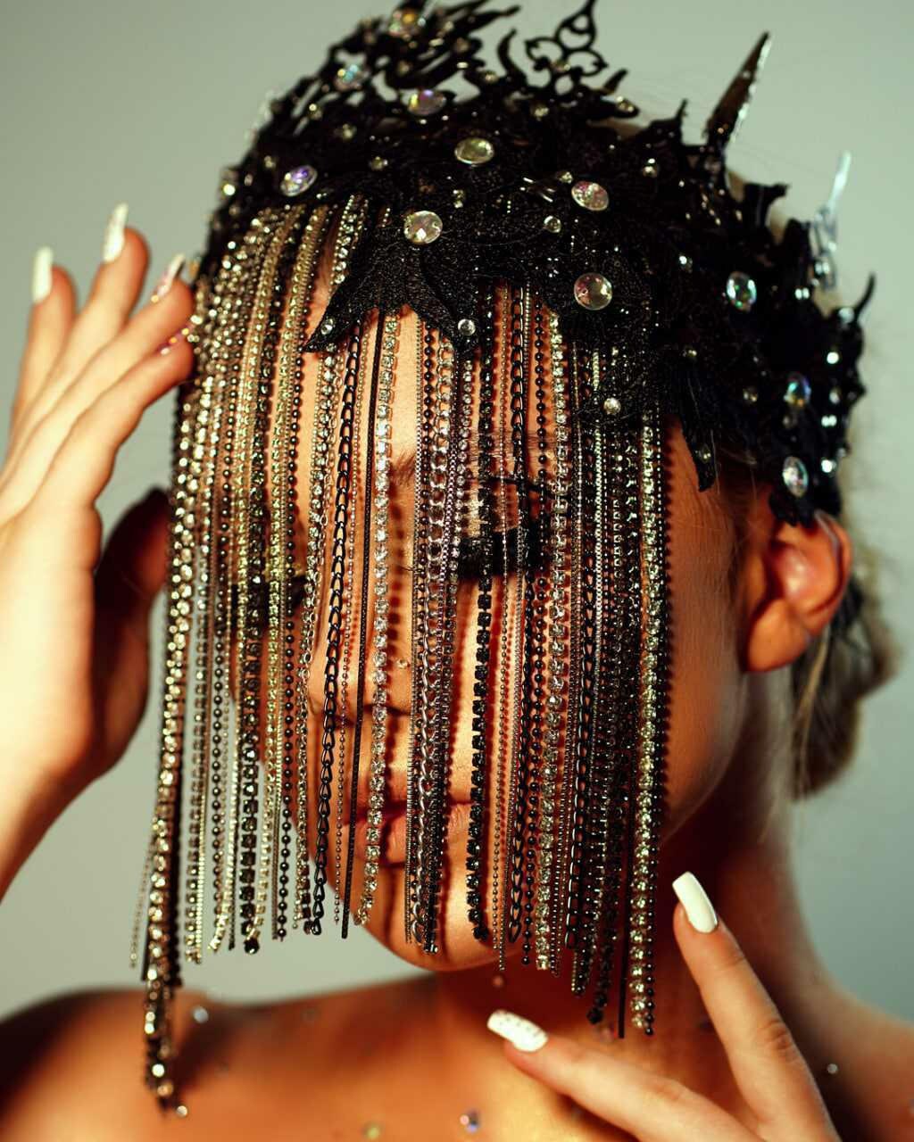 Spike Black Crown With Chain Face Mask Veil Halloween Lace - Etsy UK