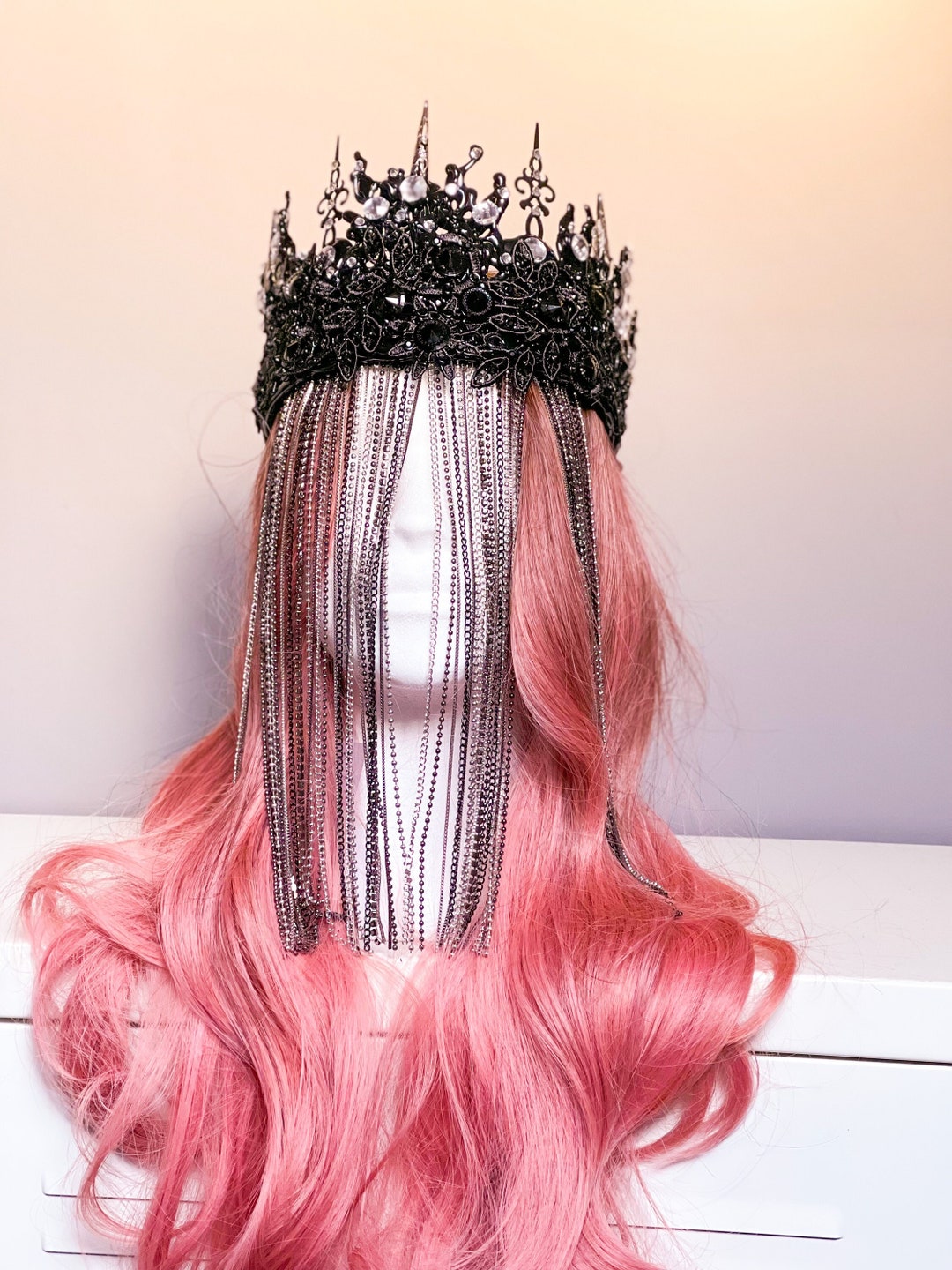 Black Crown Evil Queen Mail Fascinator Chain Veil Costume Halloween ...