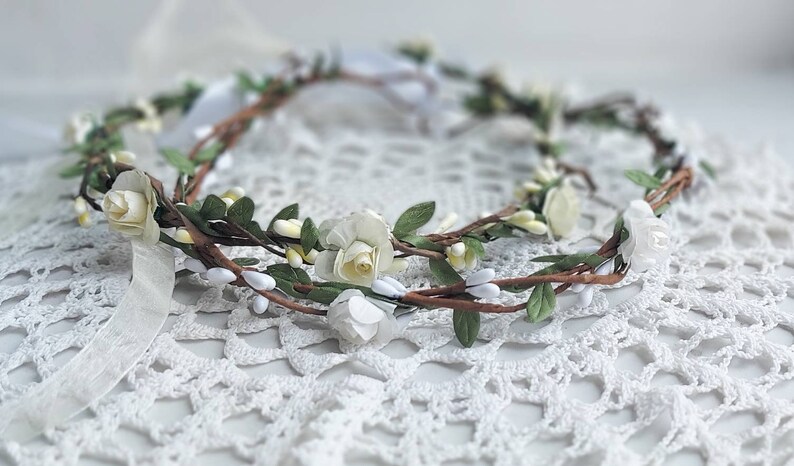 White and Ivory Flower Crown With Veil Flower Girl Wreath | Etsy