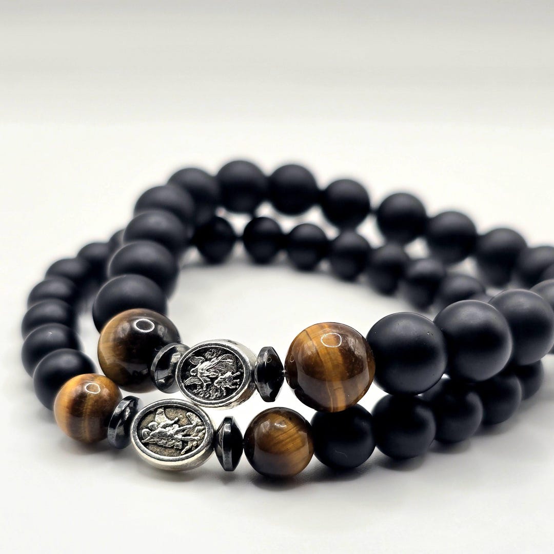 Saint Michael Matte Black Onyx Beads Bracelet, Protector, Religious ...