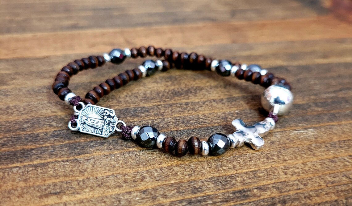Complete Rosary Mother Mary Bracelet - Wood Hematite Rosary Bracelet ...