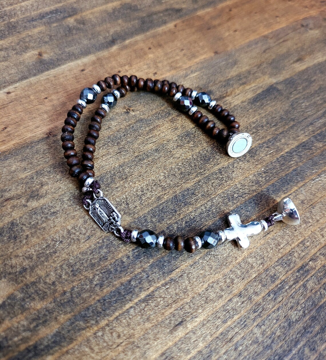 Complete Rosary Mother Mary Bracelet - Wood Hematite Rosary Bracelet ...