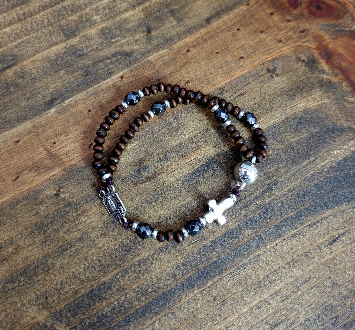 Complete Rosary Mother Mary Bracelet - Wood Hematite Rosary Bracelet ...