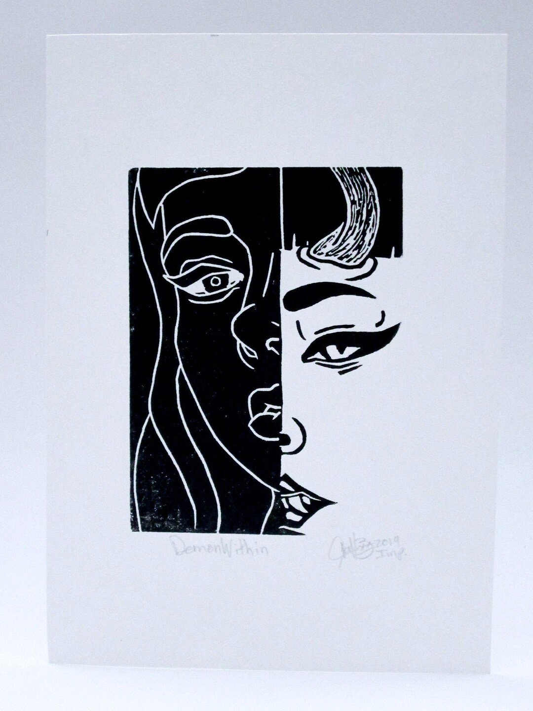 Demon Within - Linocut Print on Rice Paper - Girl Female Demon Original ...