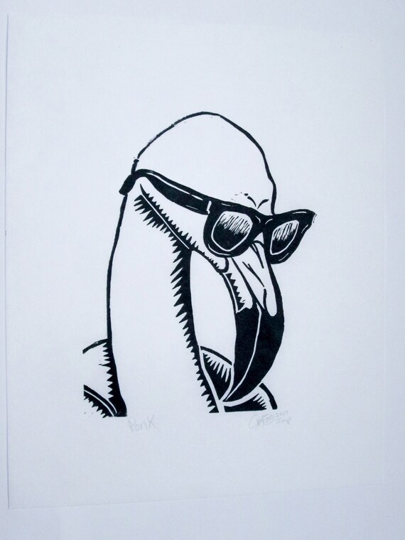 Punk Linocut Print on Rice Paper Flamingo Rayban Glasses | Etsy