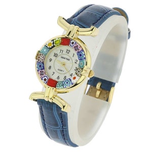 Glassofvenice Murano Glass Millefiori Watch With Leather Band Blue ...