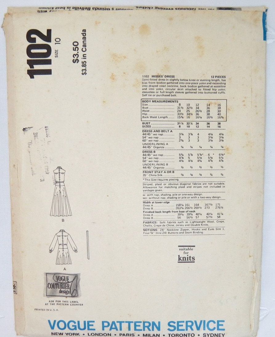 Vogue Couturier Design, Pattern 1102, Size 10, Belinda Bellville of ...