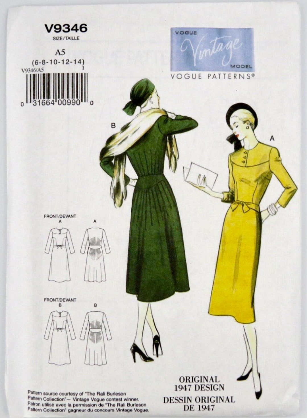 REPRODUCTION Vogue Original Design 1947, Pattern V9346, Sizes 6 - 8 ...