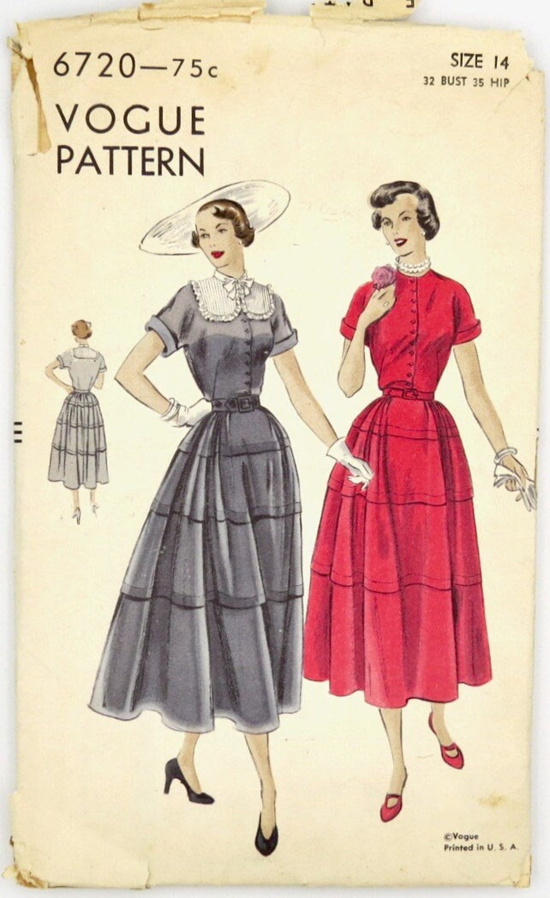 Vogue 1940s Dress Pattern 6720, Size 14, Full Skirt (factory Folded) - Etsy