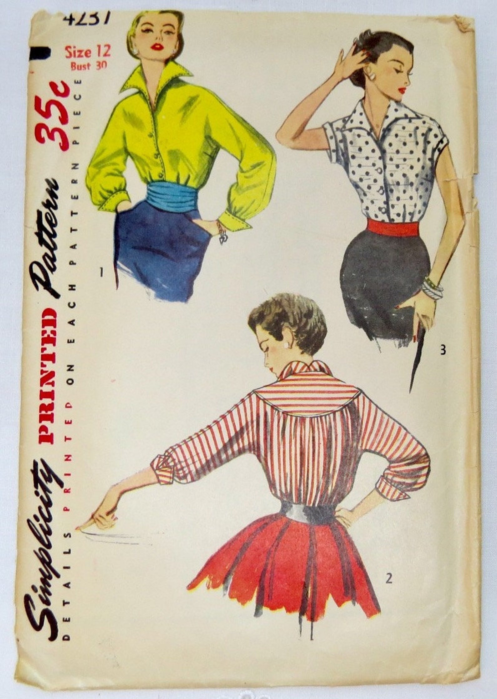 Vintage Simplicity Pattern, Vintage Women's Blouse, Sz 12, 1953 ...