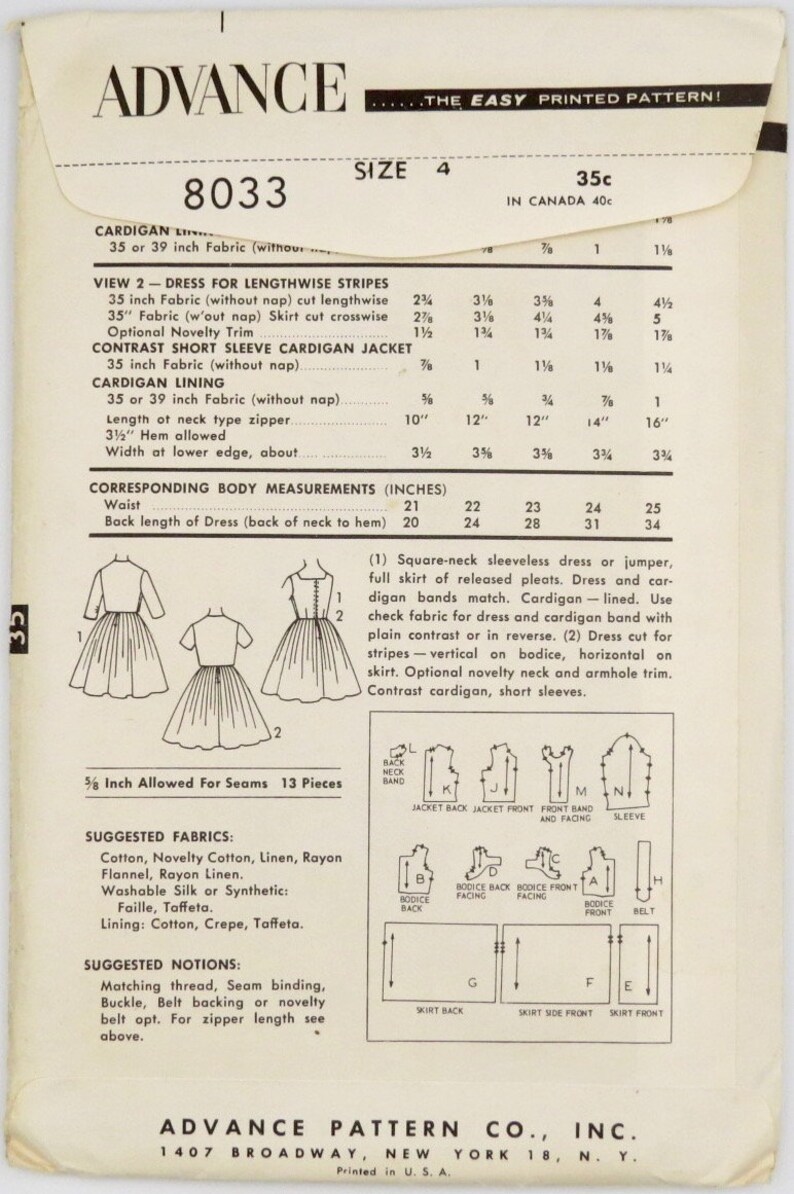 Vintage Advance Pattern, Vintage Girl's Dress, Pattern 8033, Size 4 ...