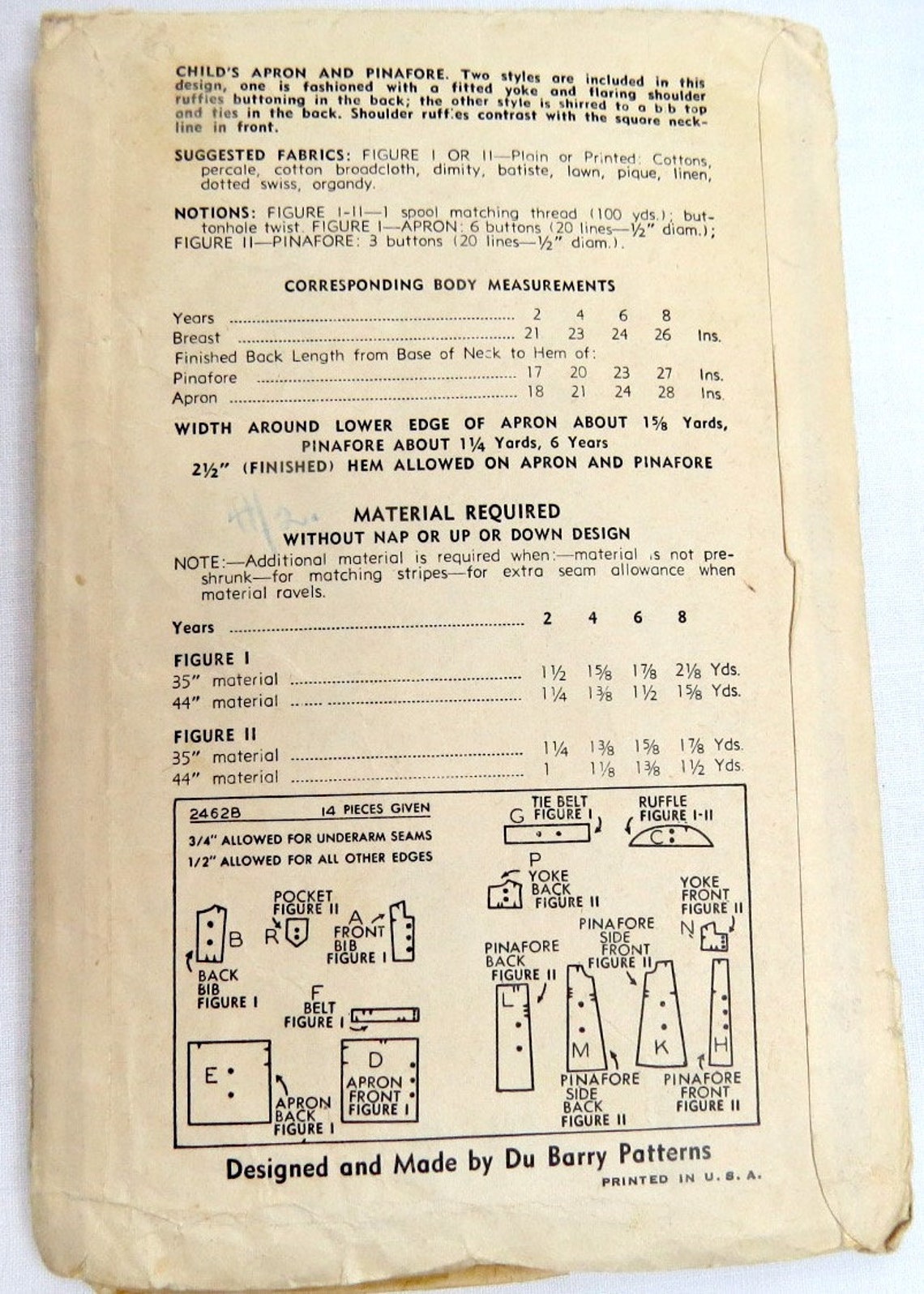 Vintage Du Barry Pattern, Vintage Girl's Frock & Pinafore, Pattern 2462 ...