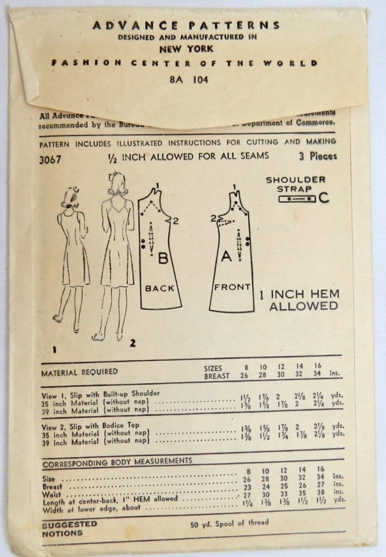 Vintage Advance Pattern, Vintage Girl's Slip, Pattern 3067, Size 8, 1940s, Little Girl's Slip ...