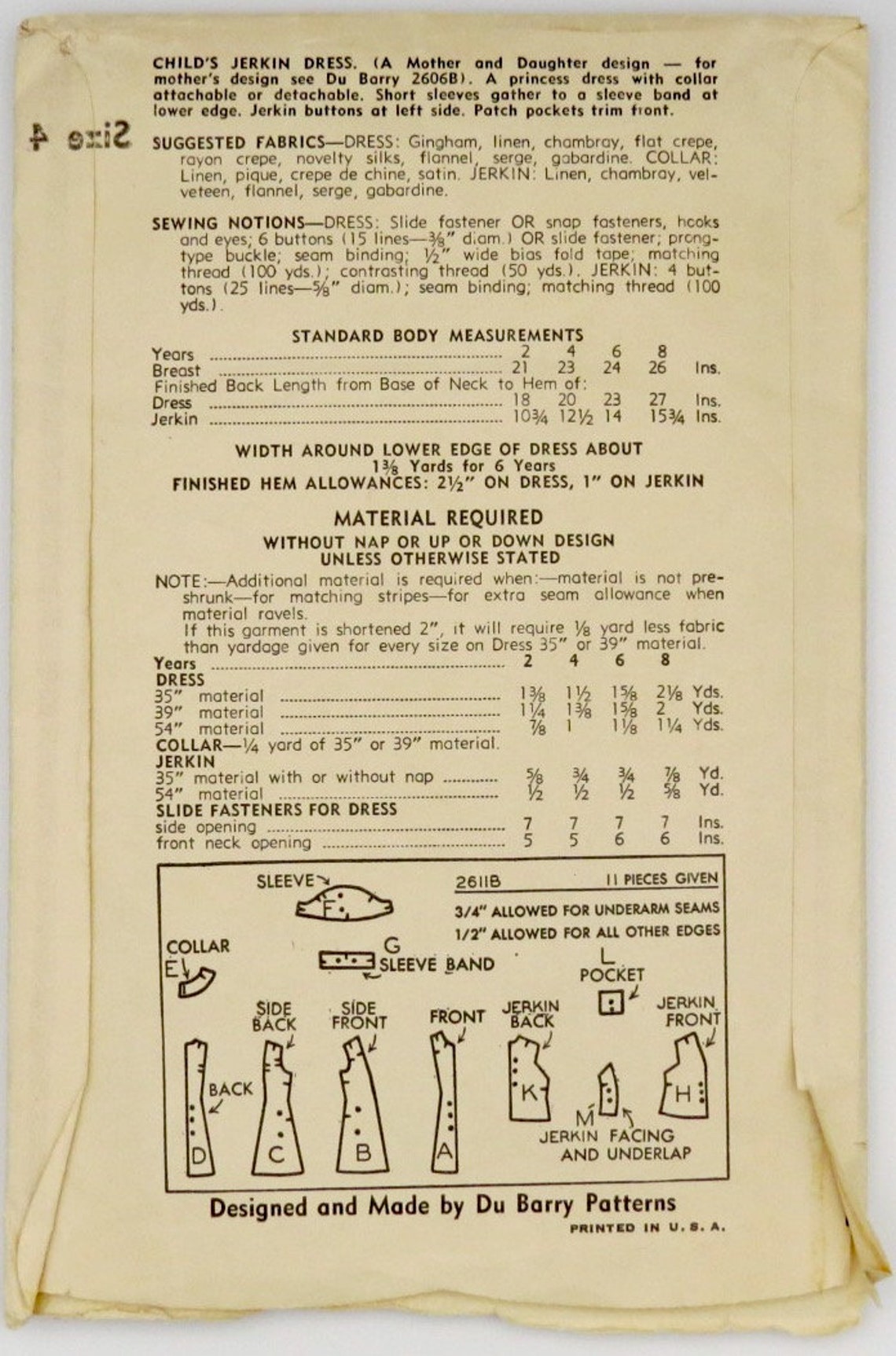 Vintage Du Barry Pattern, Vintage Girl's Jerkin Dress, Pattern 2611B ...
