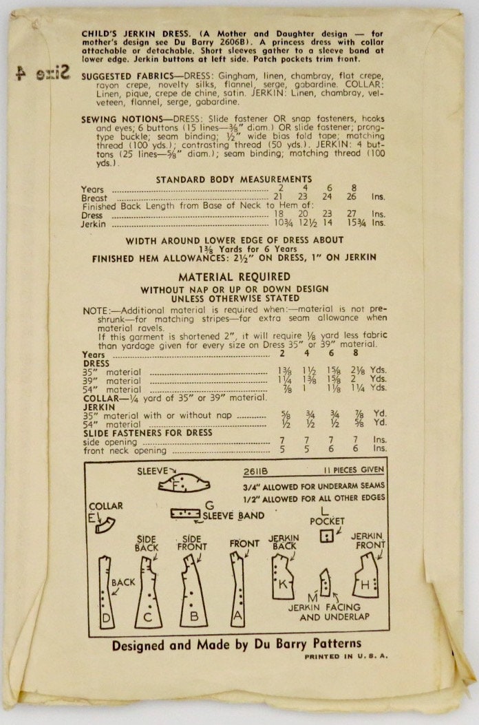 Vintage Du Barry Pattern, Vintage Girl's Jerkin Dress, Pattern 2611B ...