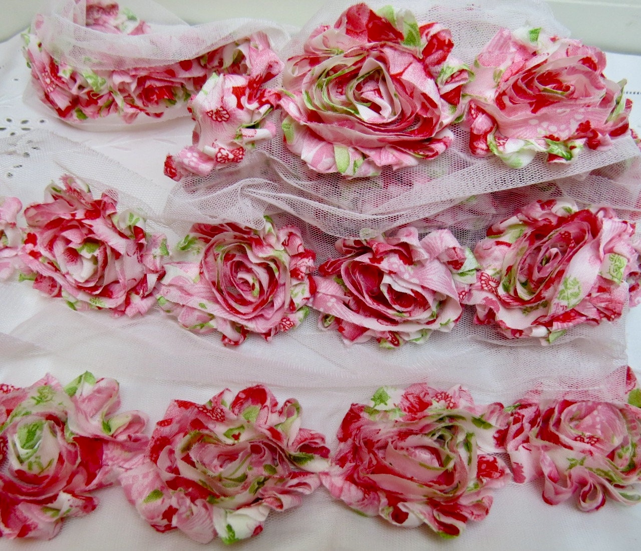 Shabby Chic Red Rosettes, Fabric Roses, Red Fabric Rosettes ...