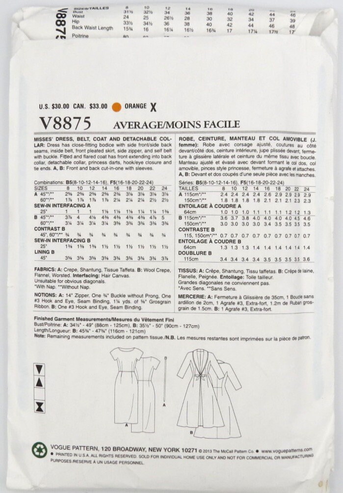 REPRODUCTION Vogue Original Design 1955, Pattern V8875, Sizes 16 - 18 - 20 - 22 - 24, Factory ...
