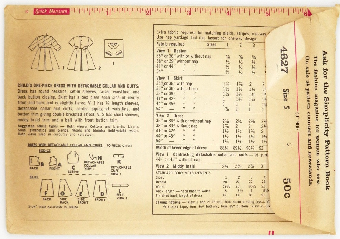 Vintage Simplicity Pattern, Vintage Girl's Dress, Pattern 4627, Size 5 ...