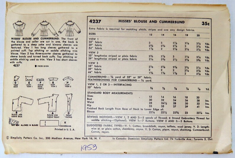 Vintage Simplicity Pattern, Vintage Women's Blouse, Sz 12, 1953 ...