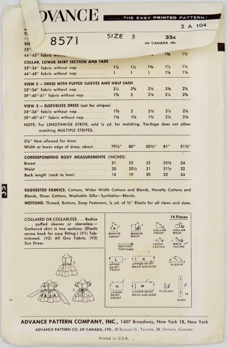 Vintage Advance Pattern, Vintage Girl's Dress, Pattern 8571, Sizes 2 ...